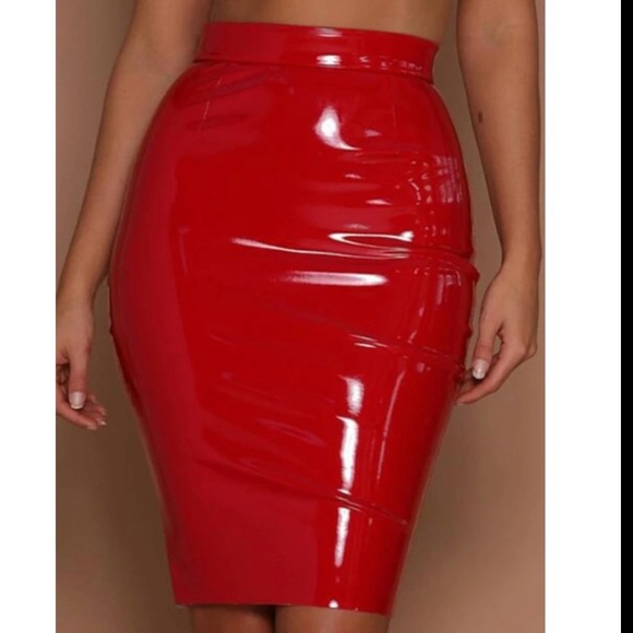 Serving Looks Skirts Red Patent Leather Midi Skirt Bodycon Sexy Pvc